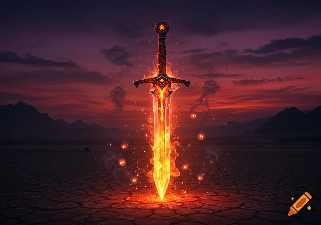 A glowing, fiery sword stands upright in a cracked, desolate landscape ...