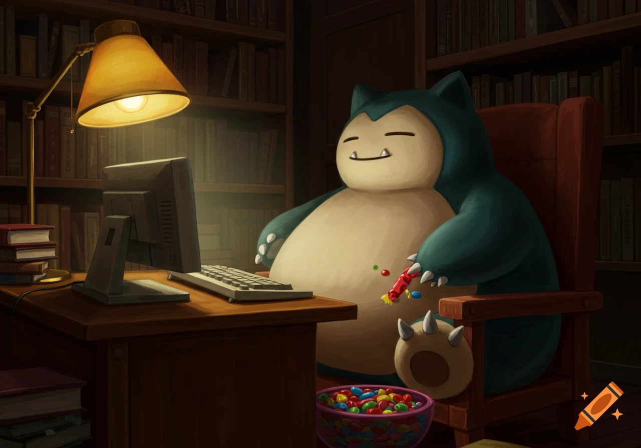 A Snorlax sits in an armchair at a desk with a computer, eating candy ...