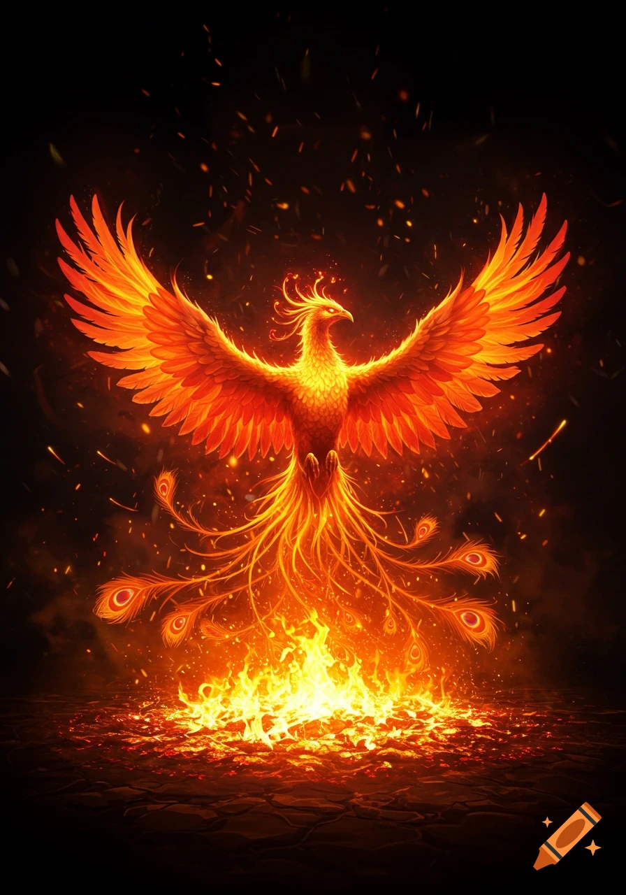 A majestic, fiery phoenix with outstretched wings rises from a blazing ...