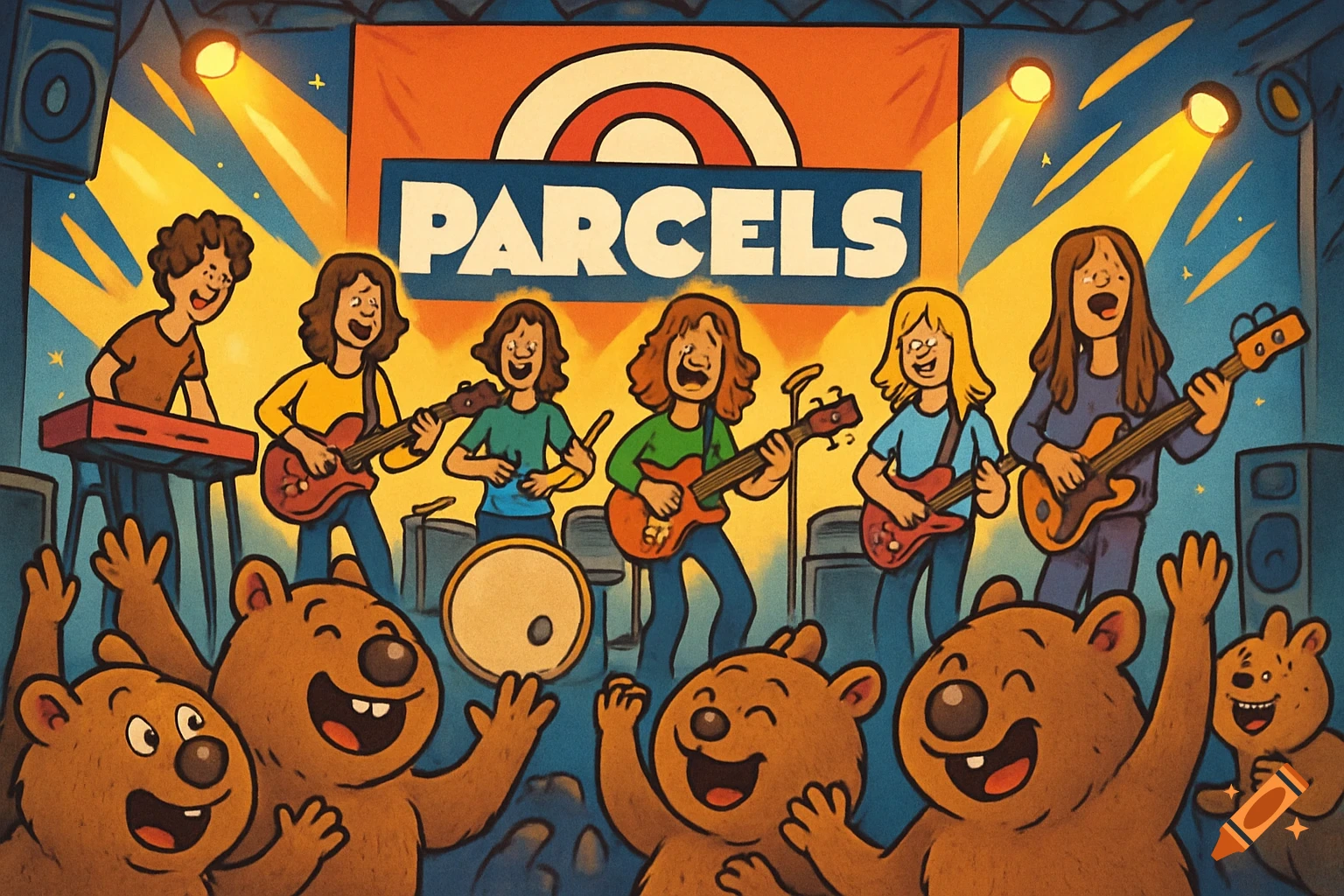 A lively cartoon of the band Parcels performing on stage for an excited ...