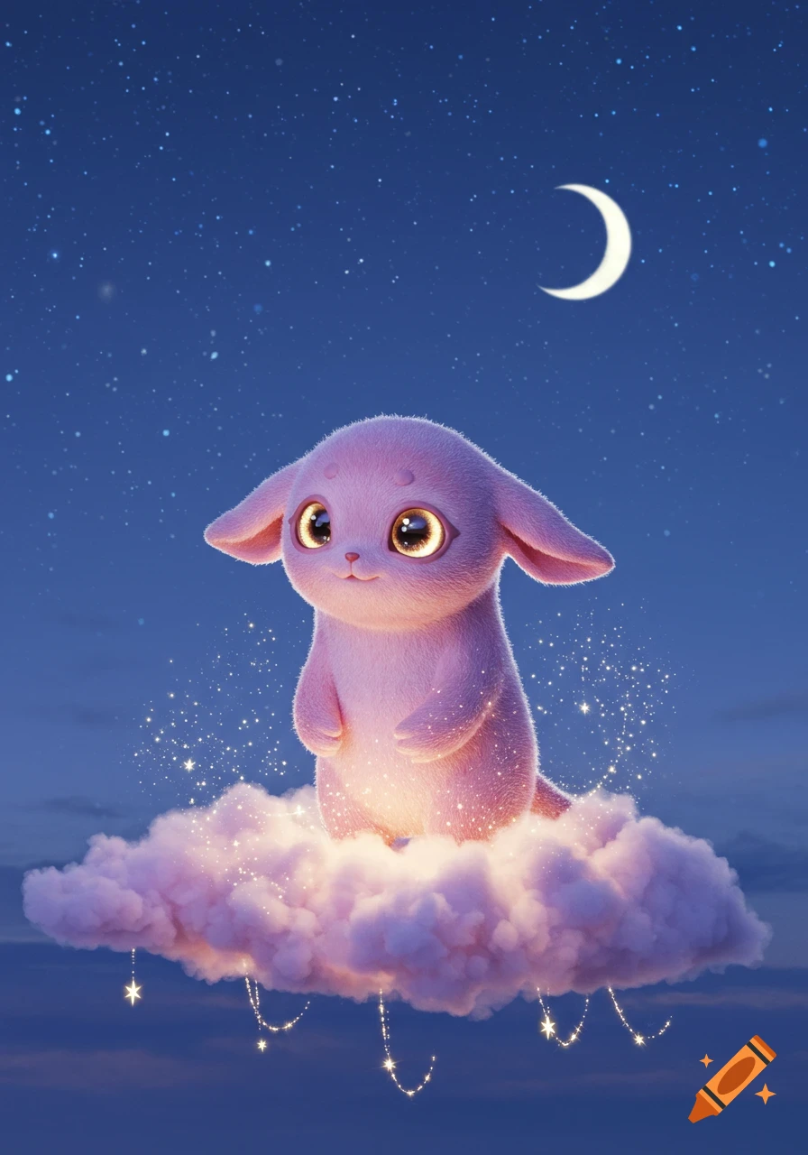 A cute, fluffy pink creature with large eyes stands on a sparkling pink ...