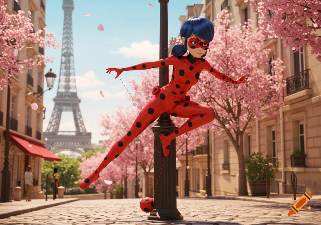 Ladybug Girl smiling in her red and black suit, holding a yo-yo, with a ...