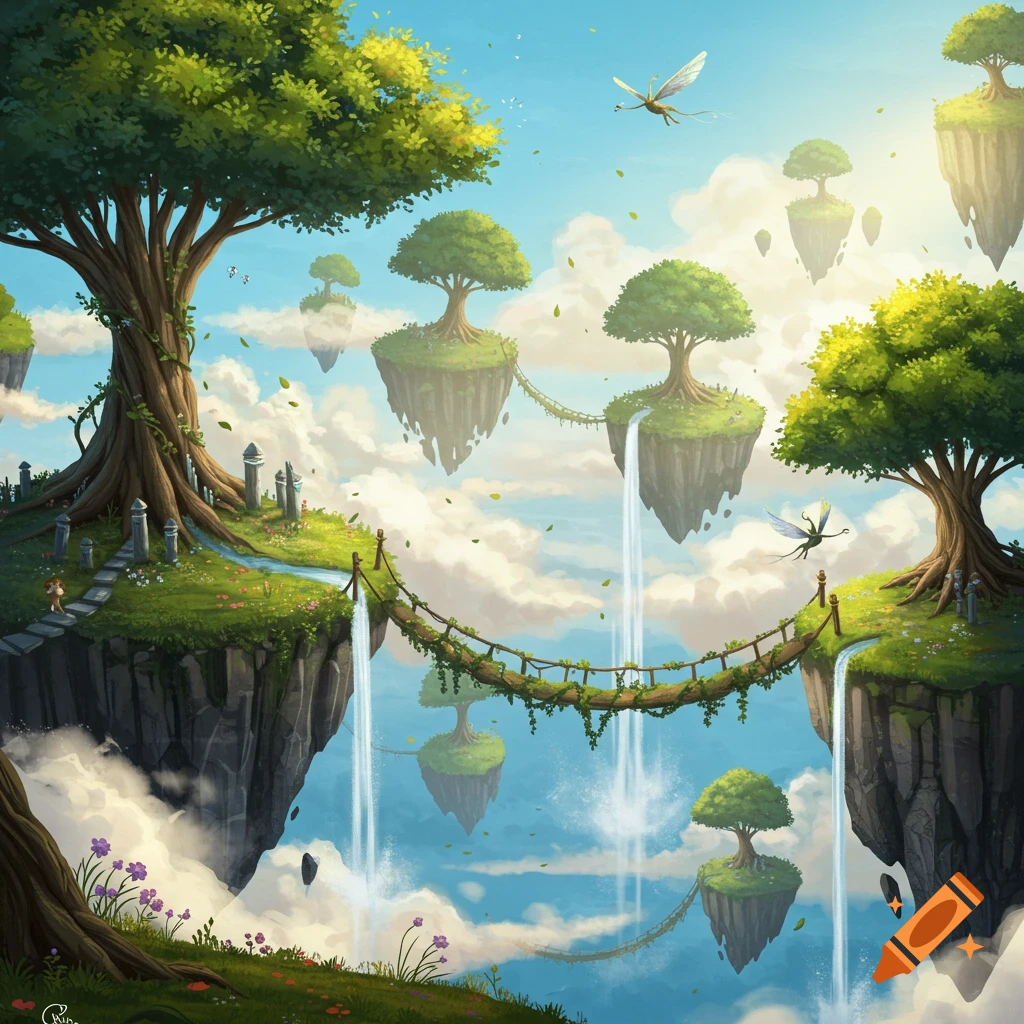 Vibrant, detailed fantasy landscape with floating islands, waterfalls ...