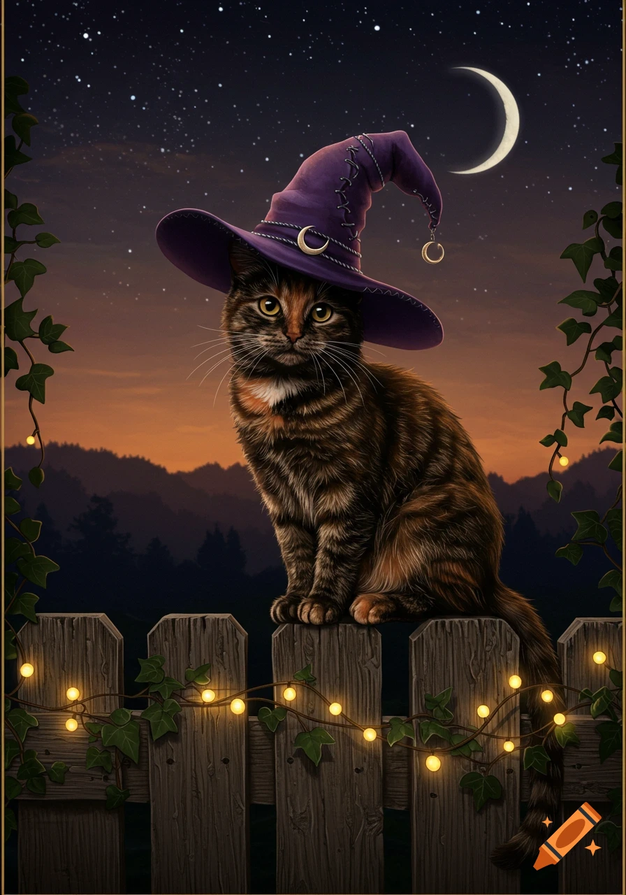 A poster with a black cat with glowing green eyes and a ladybug on its ...