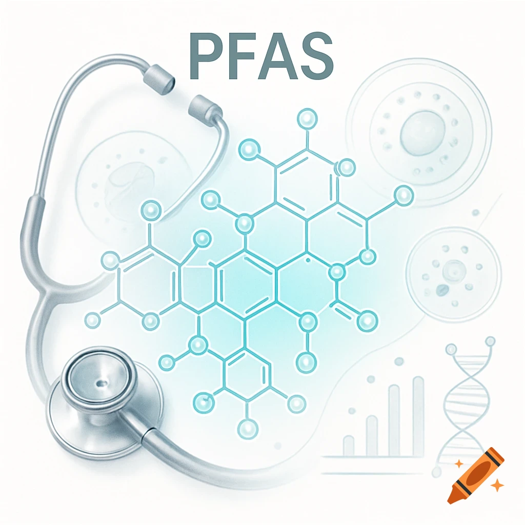Stethoscope and a large PFAS molecular structure with background ...
