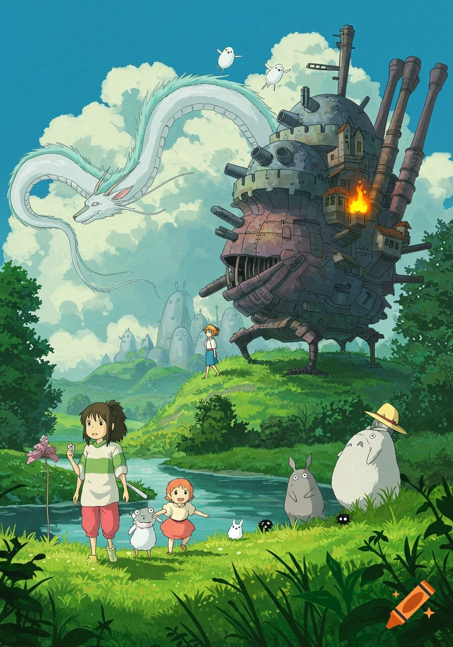 Colorful animated landscape with Studio Ghibli characters like Chihiro, Ponyo, Totoro, Haku ...