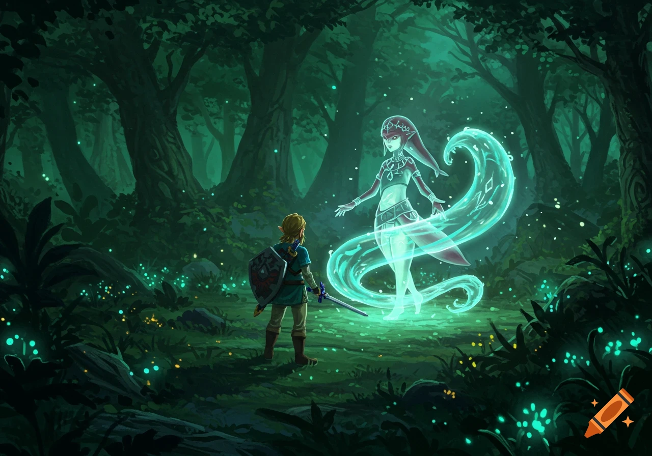 Link, in a dark, enchanting forest with glowing plants, faces the ...