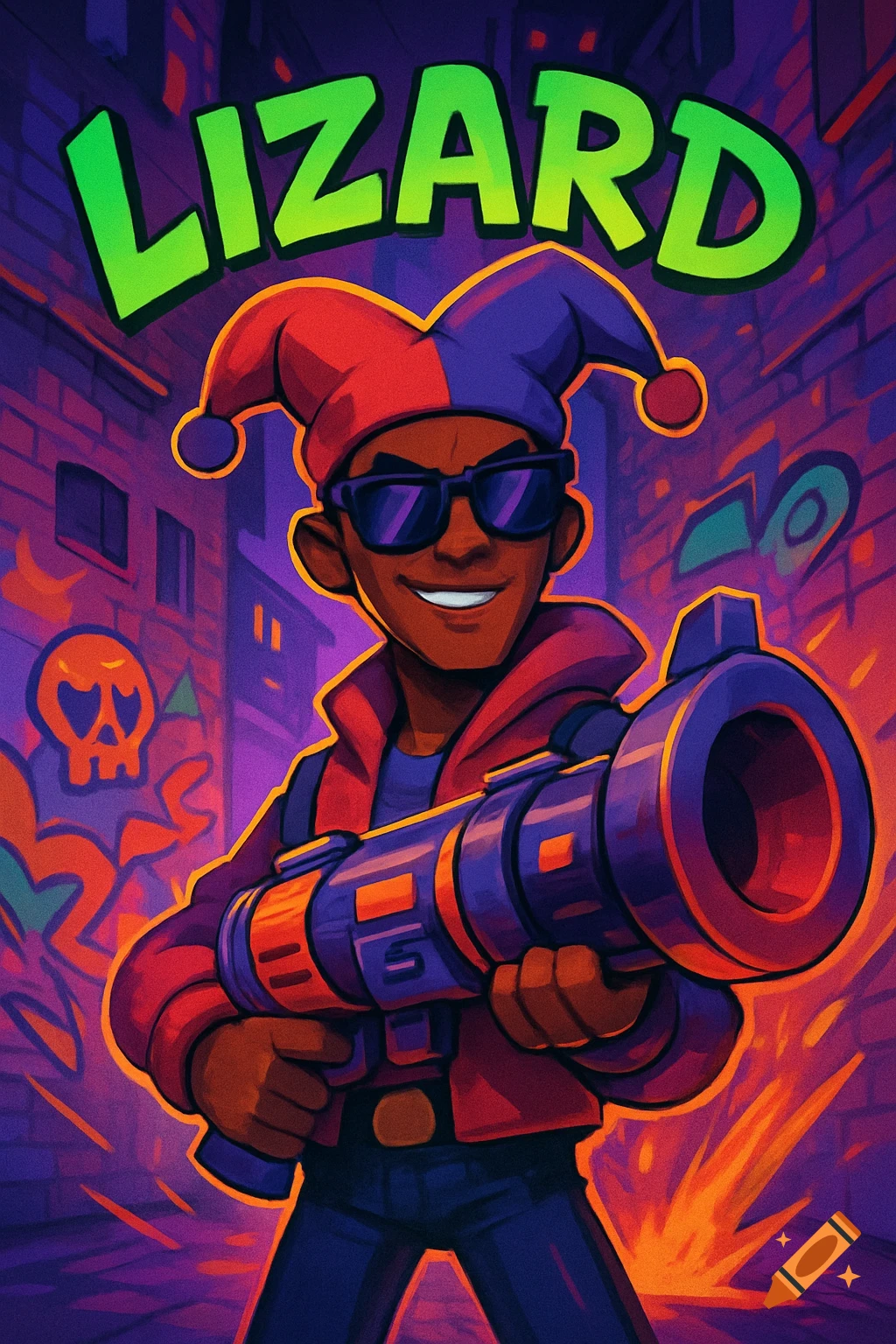 Vibrant cartoon character in a jester hat and sunglasses holding a ...