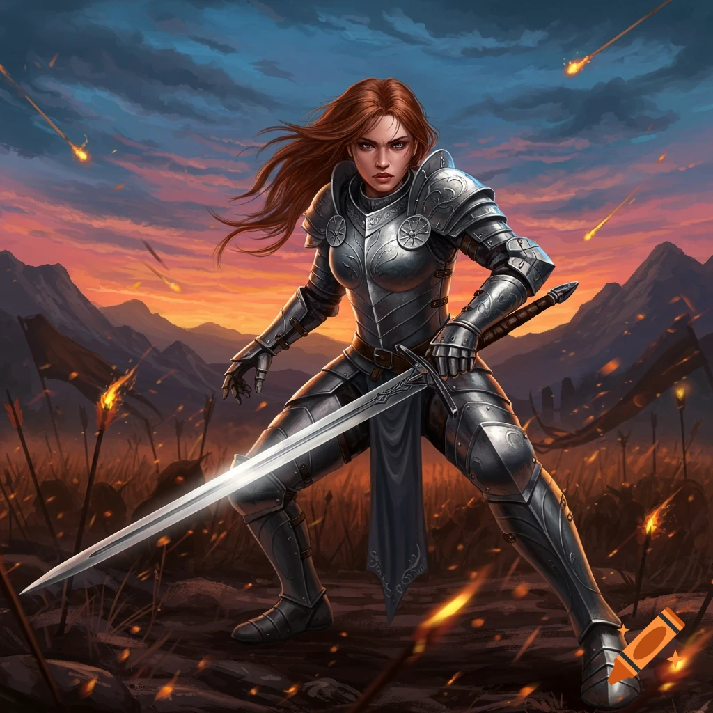 A fierce female warrior in detailed silver armor stands with a large sword on a fiery ...