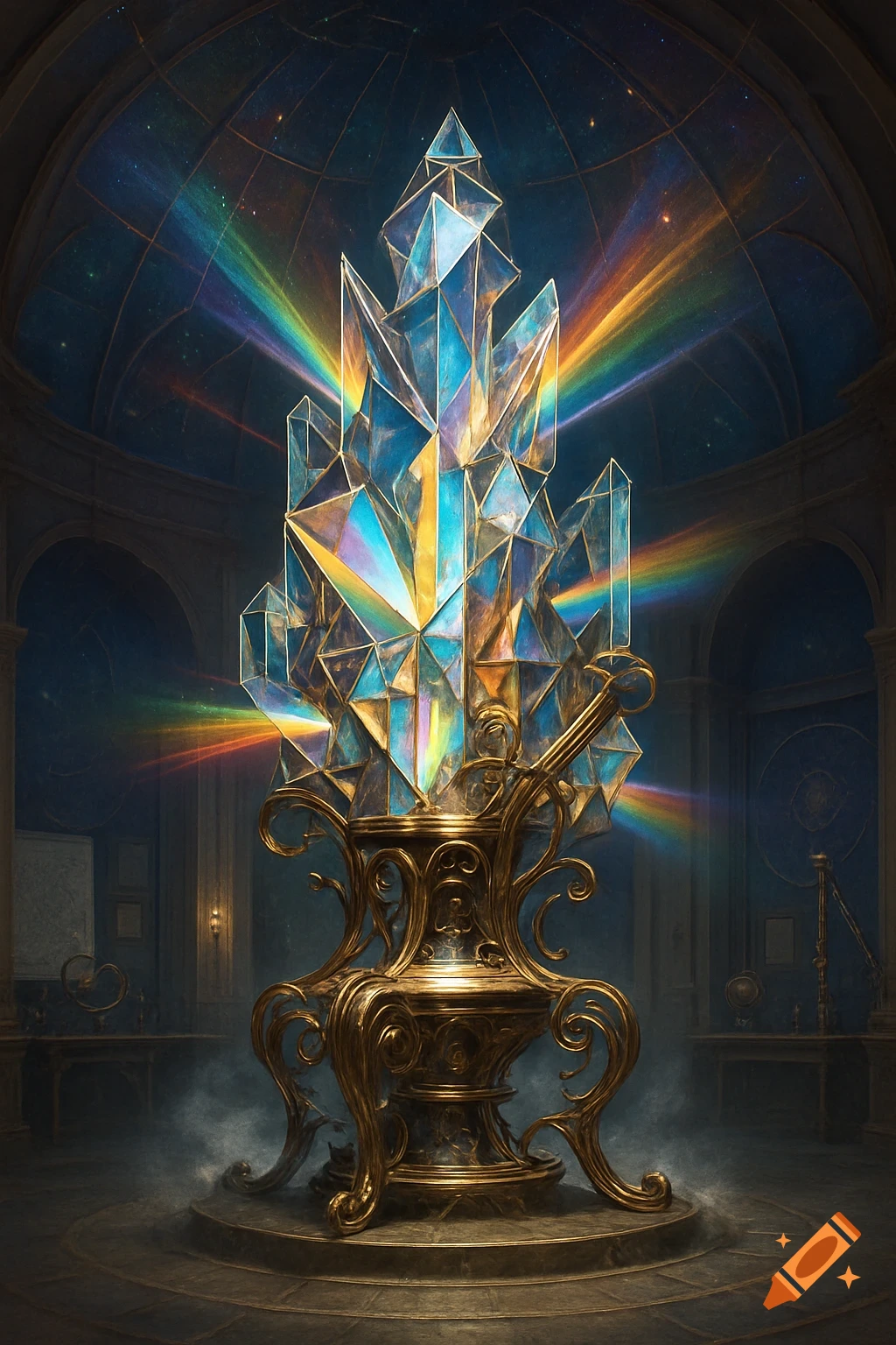 A majestic, multifaceted crystal glowing with rainbow light atop an ...