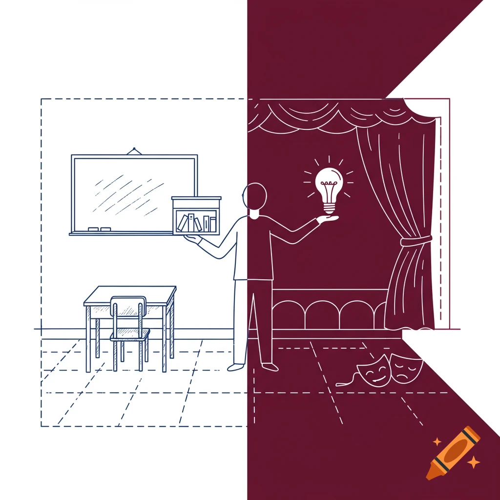 Minimalist line art illustration of a figure connecting a classroom ...