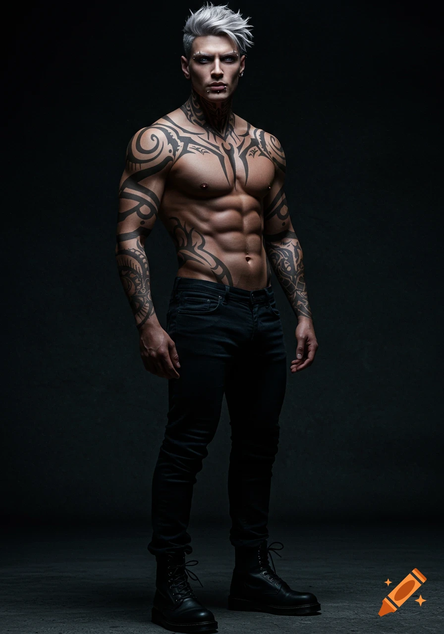 Photorealistic portrait of a muscular man with silver hair, tribal ...