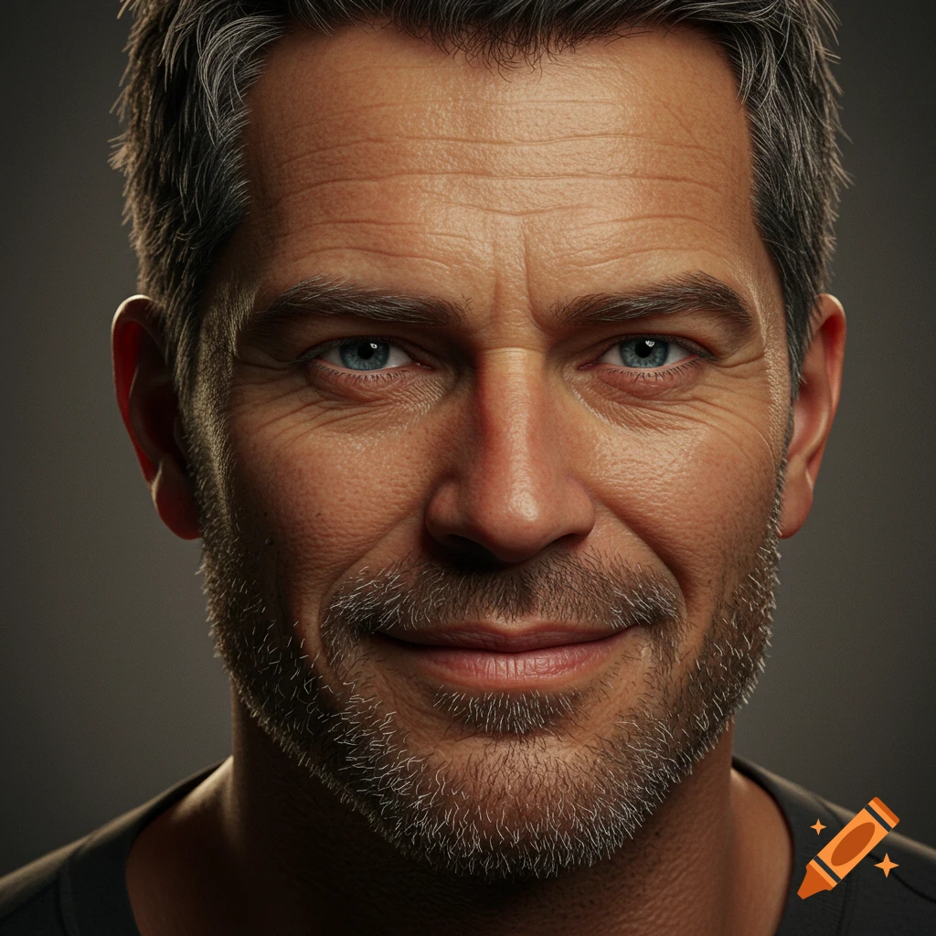 Close-up photorealistic portrait of a middle-aged man with graying hair ...
