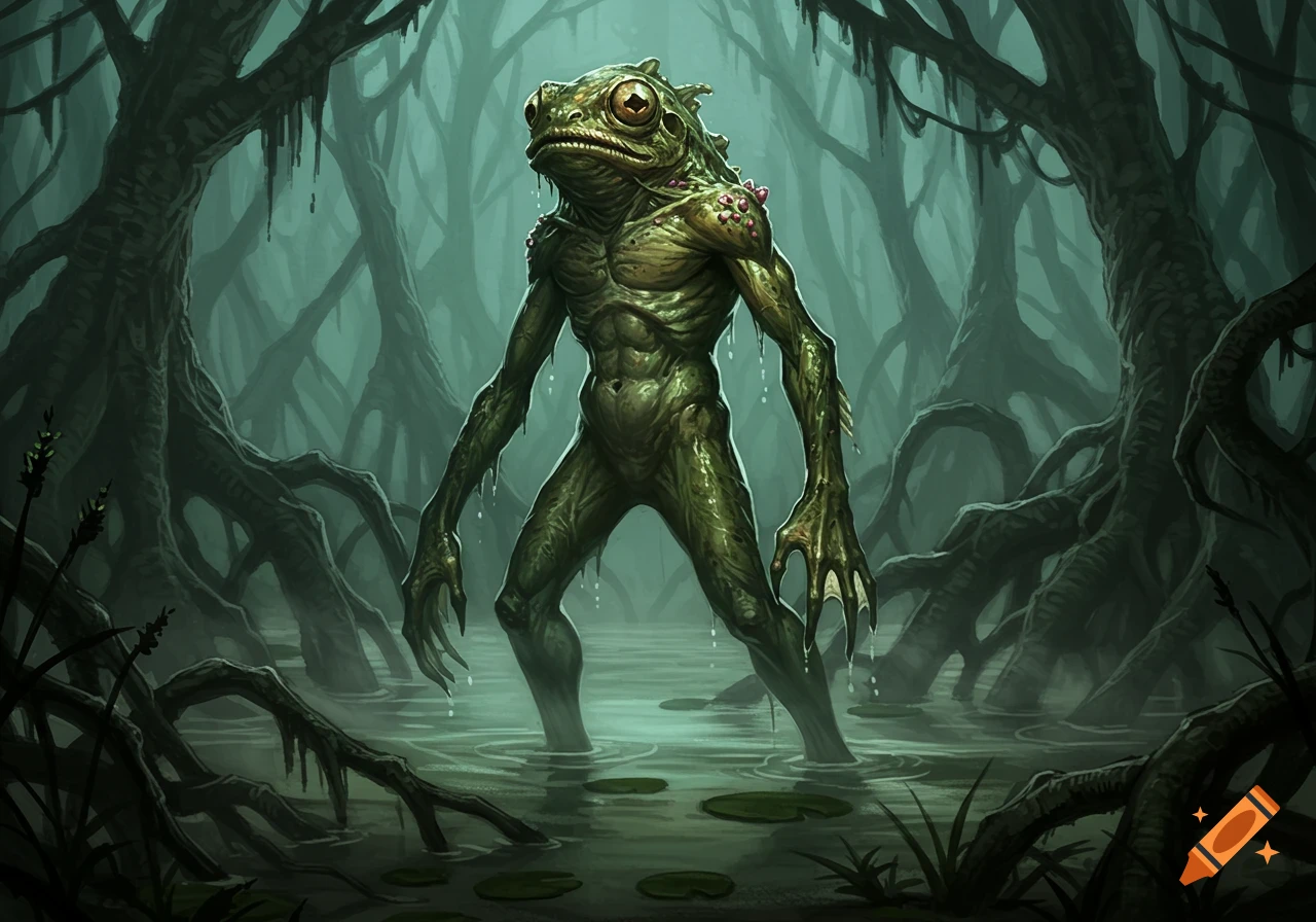 A green, muscular, humanoid frog-fish creature stands in a dark, atmospheric swamp with gnarled ...