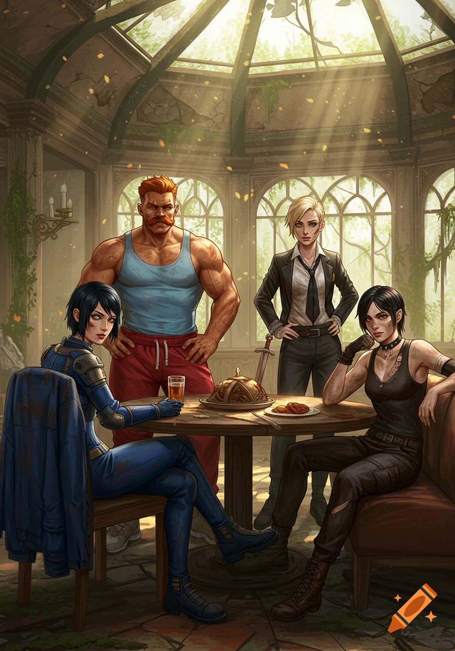 Four distinct characters, three women and one muscular man, gather ...