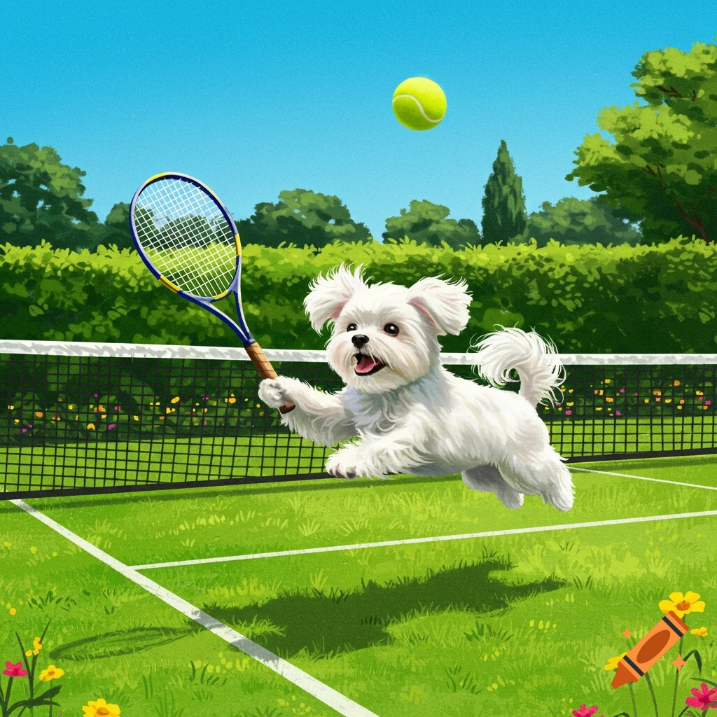 Illustrated white dog jumping to hit a tennis ball with a racket on a ...
