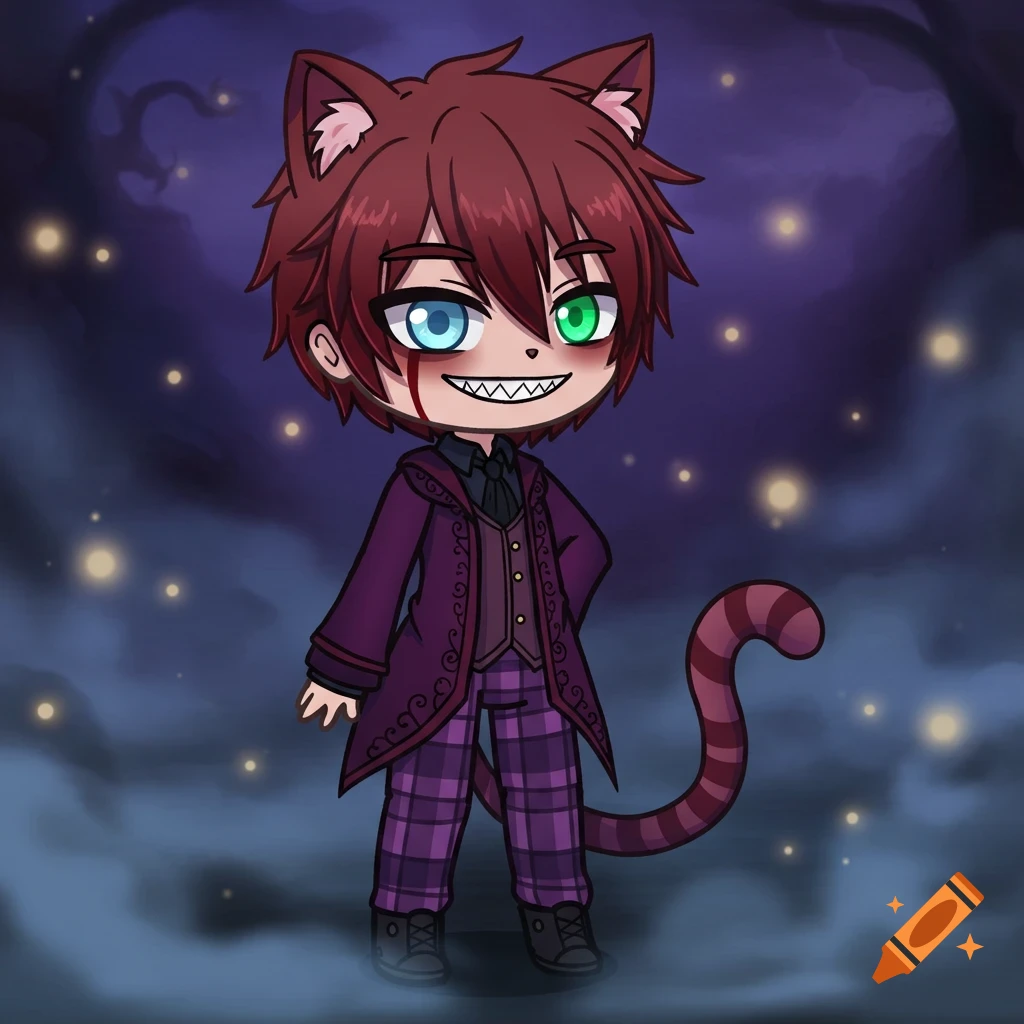 A Gacha Life male character with red hair, cat ears, striped tail ...