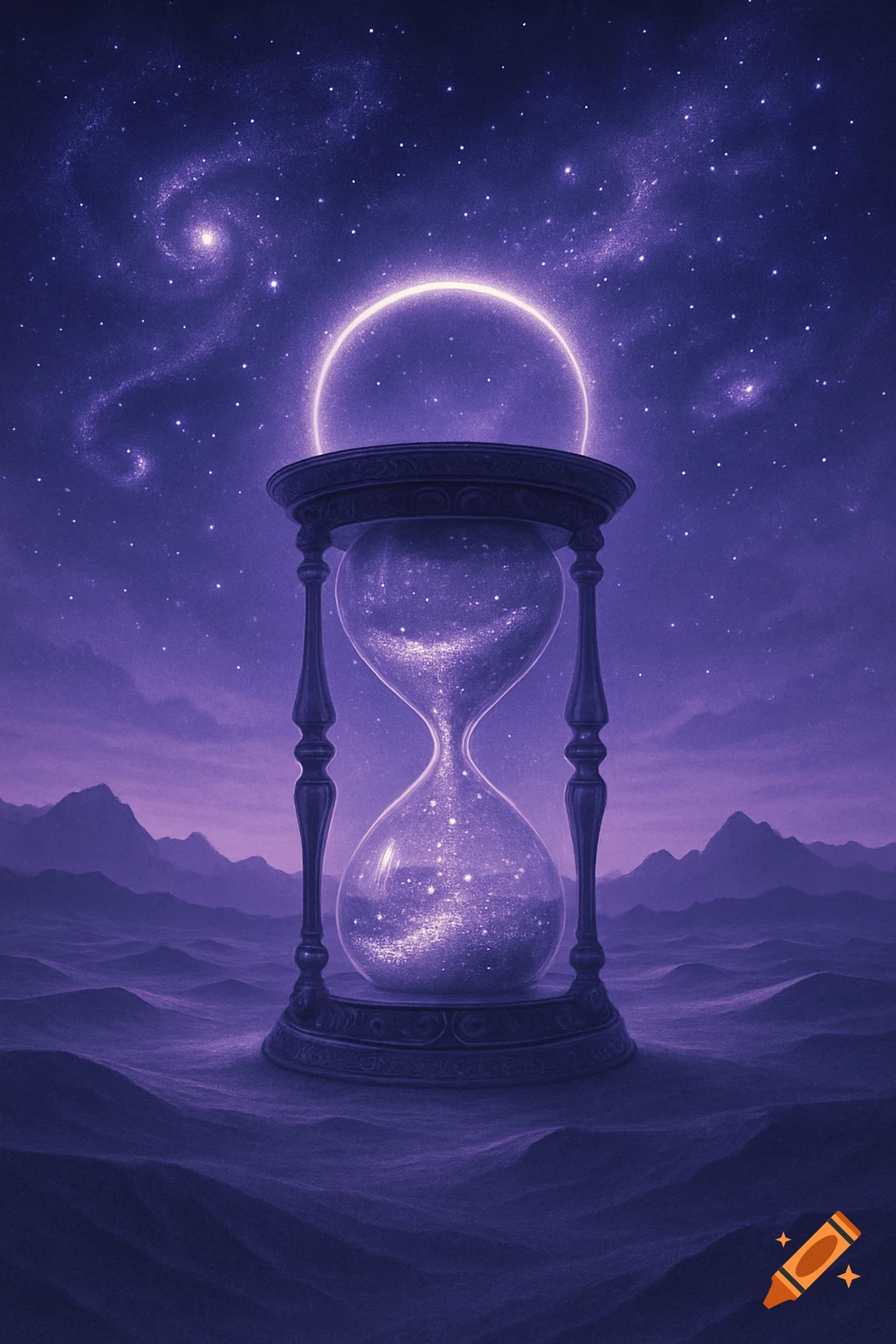 An ornate pocket watch floats against a twilight sky with glowing ...