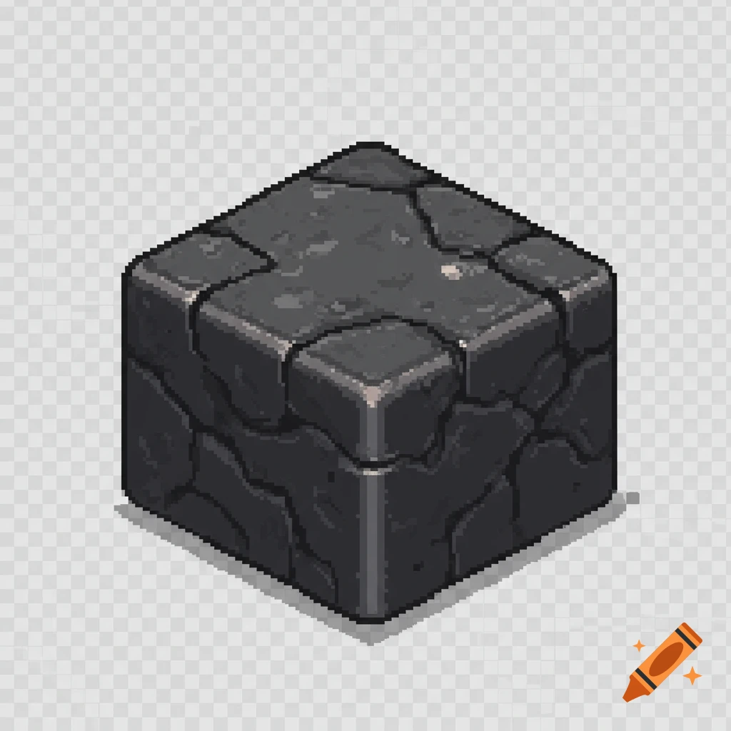 Isometric pixel art of a dark gray stone brick block on a transparent ...