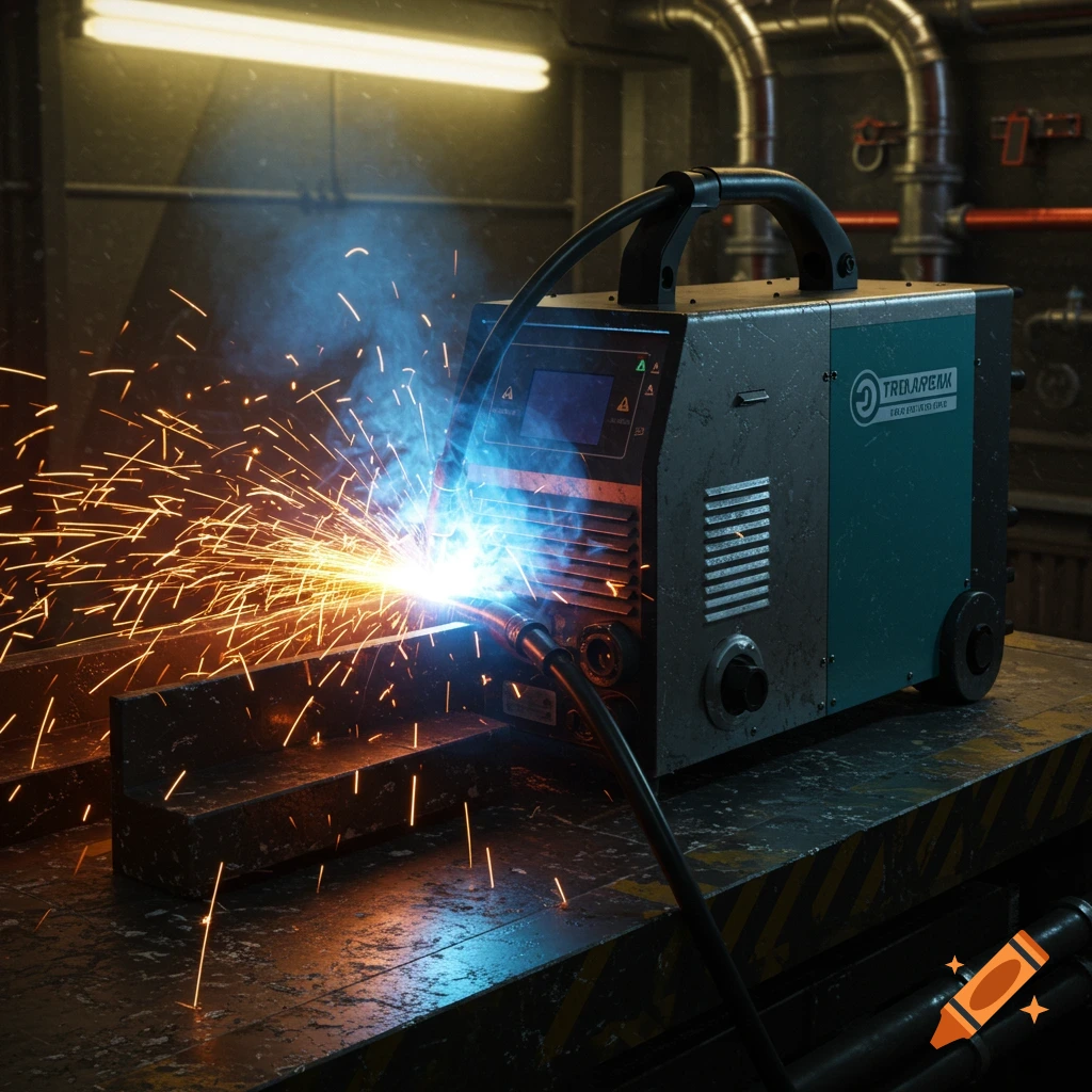 Photorealistic welding machine with bright blue sparks in an industrial ...