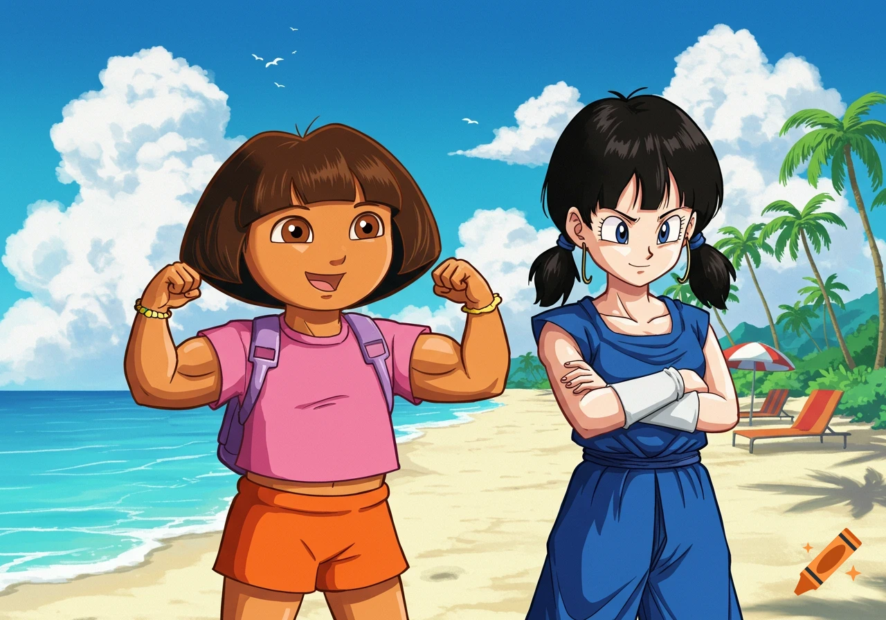Dora the Explorer flexes muscles next to Videl from Dragon Ball Z on a ...