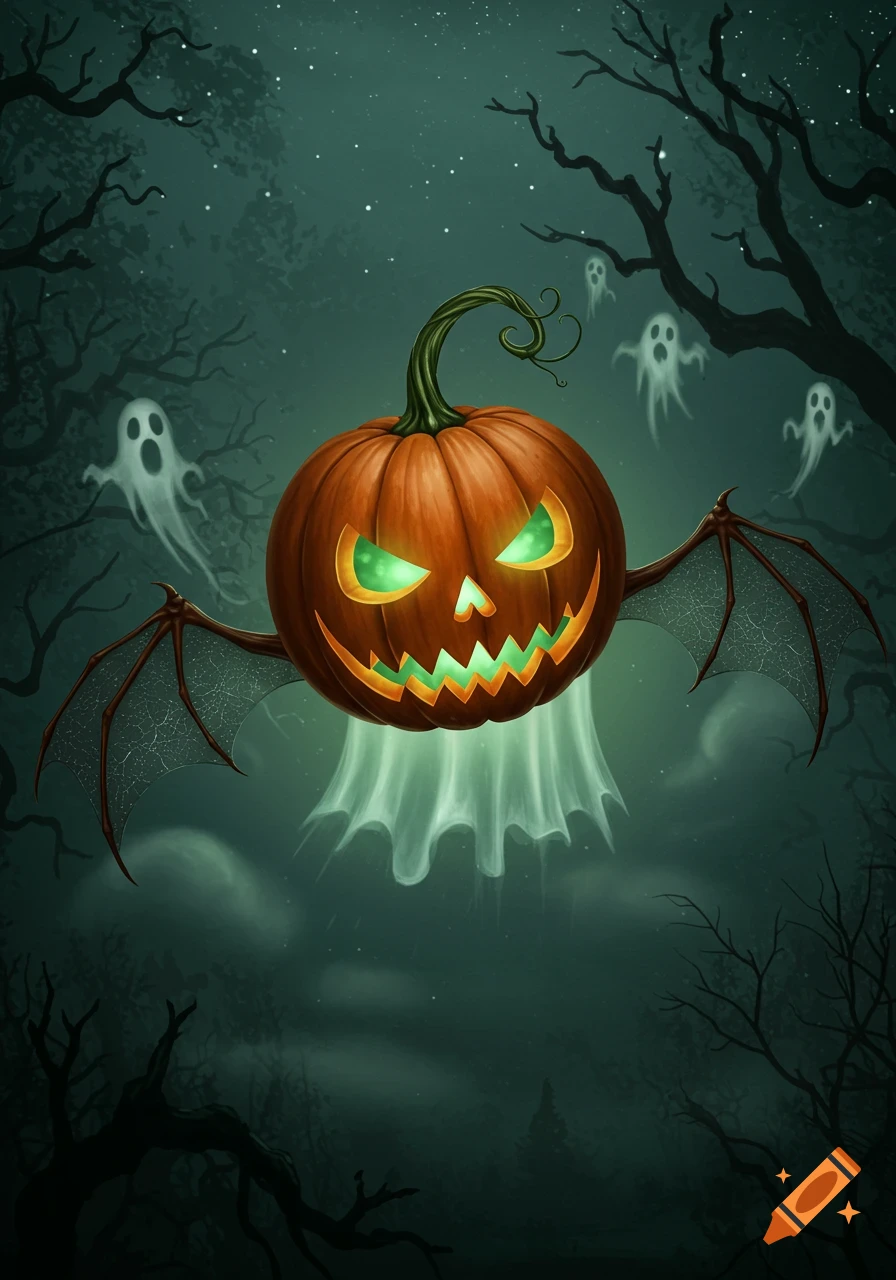 A glowing jack-o'-lantern with bat wings and a ghost-like bottom floats ...