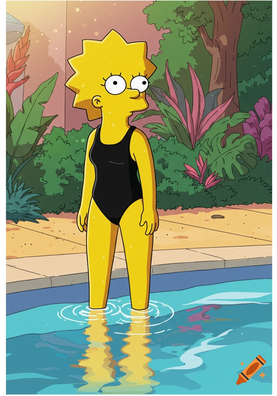 Cartoon Lisa Simpson in a red swimsuit diving into a sunny backyard ...