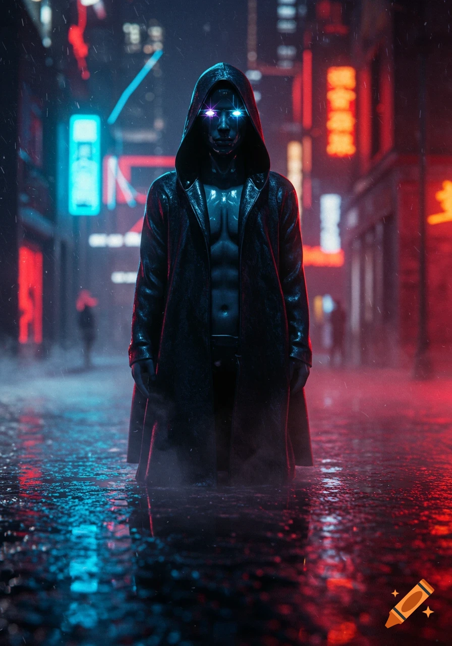 A man in a trench coat and kitsune mask stands on a rainy, neon-lit ...