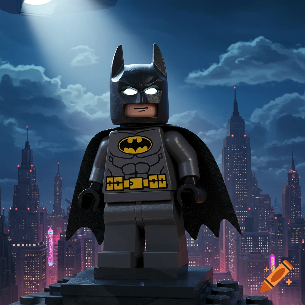 Lego Batman stands on a dark rooftop against a cloudy night sky with ...