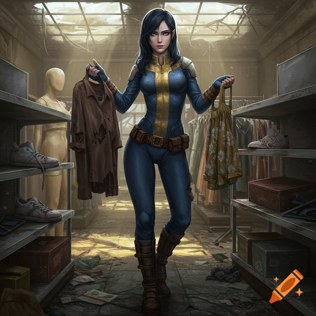 A woman in a blue and yellow Fallout Vault-Suit stands in a ruined ...