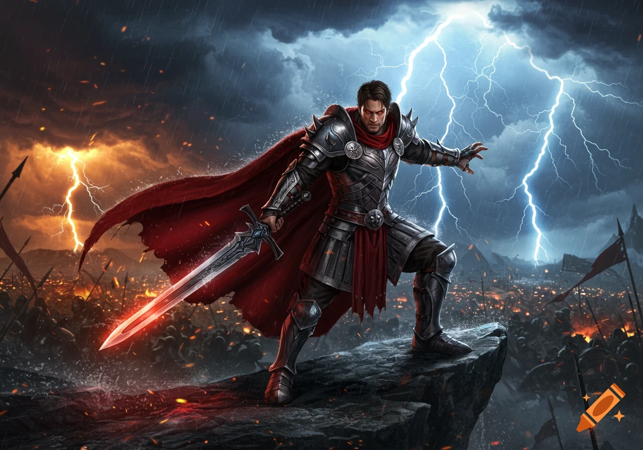 A male warrior in detailed armor and a red cape wields a glowing red ...