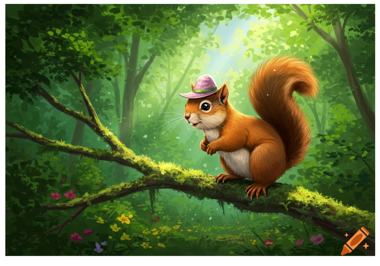 A cute cartoon squirrel wearing a pink hat sits on a mossy branch in a ...