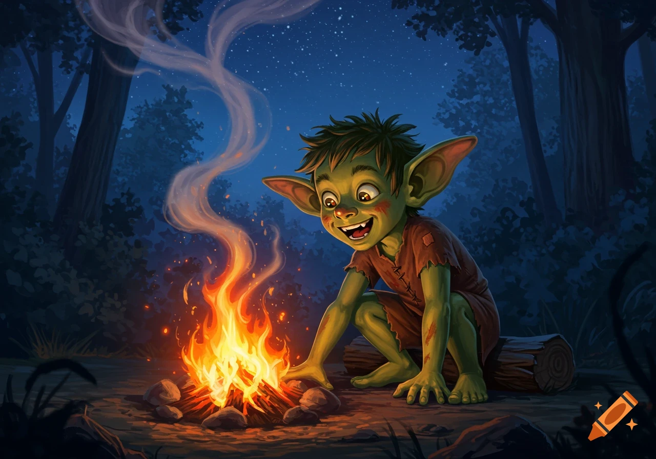 A cute green goblin with large ears smiles at a roaring campfire in a ...
