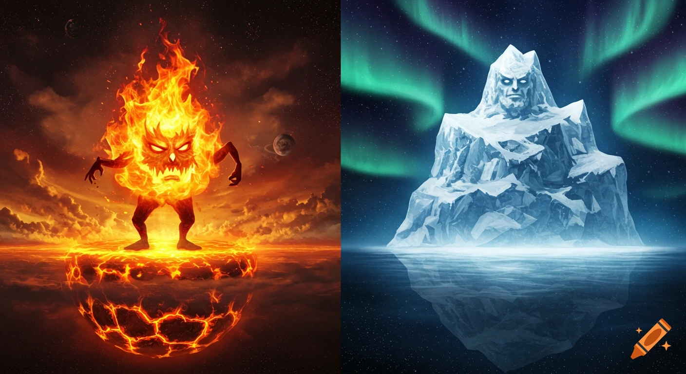 Five stylized symbols: a green tree, red flame, blue wave, brown ...