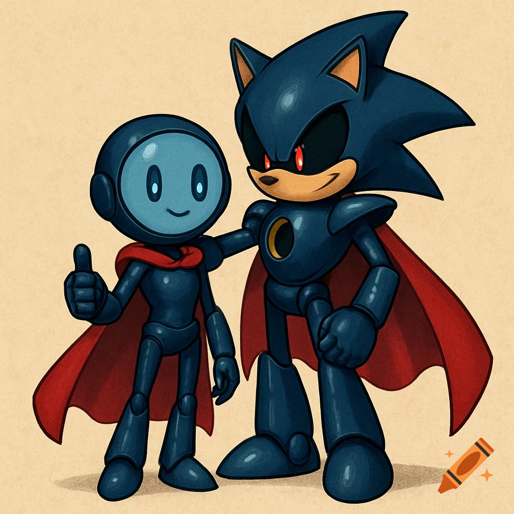 A cartoon robot with a screen face, navy body, and red cape gives a ...