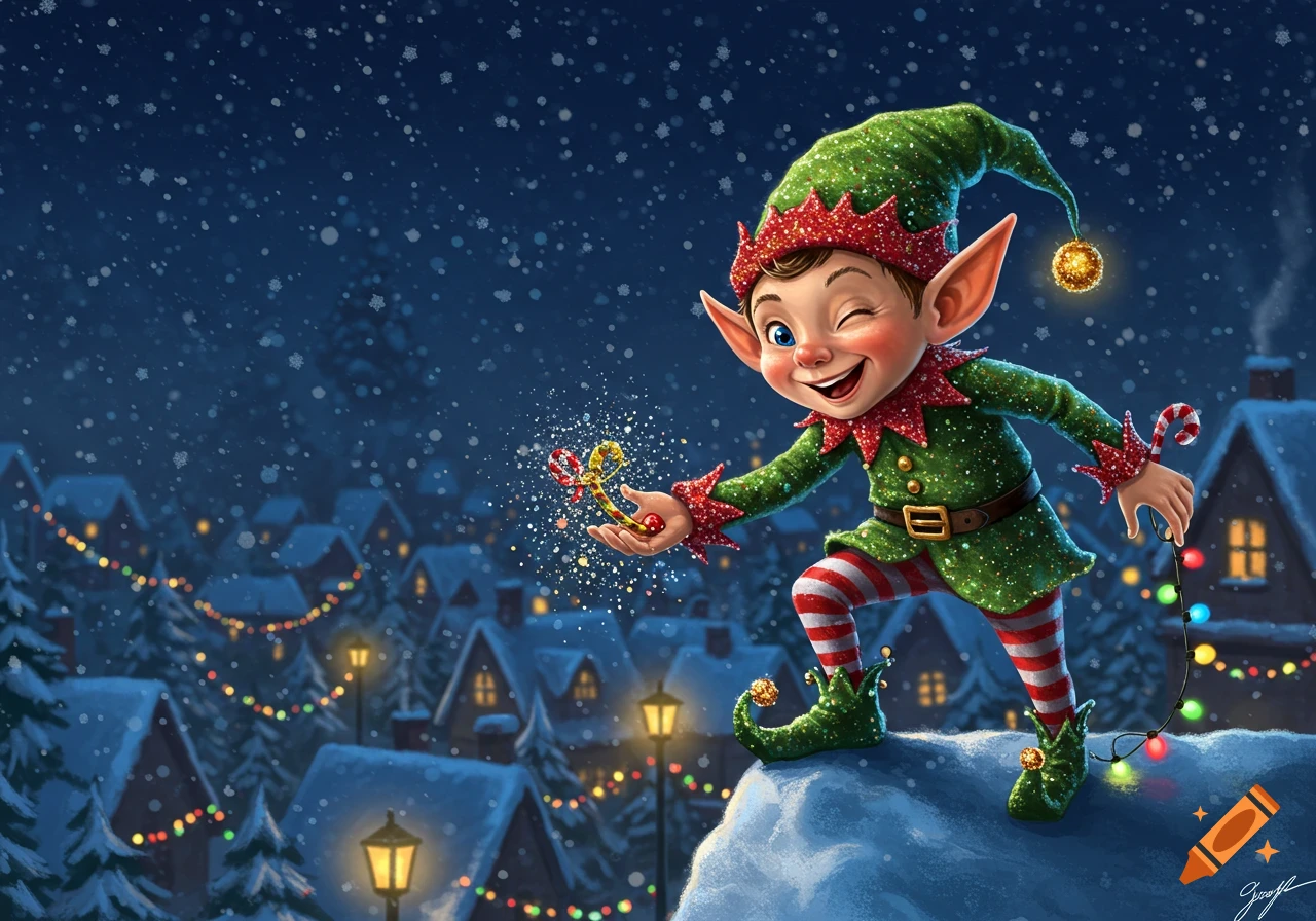 Smiling Christmas elf winks, holding a candy cane decoration and ...