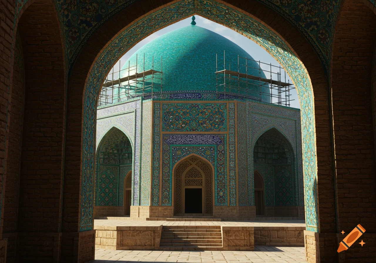 A detailed Iranian mosque with a turquoise dome and scaffolding, seen ...