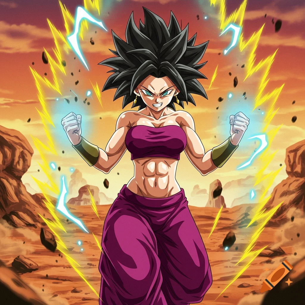 Caulifla, a muscular anime character from Dragon Ball, powers up with ...