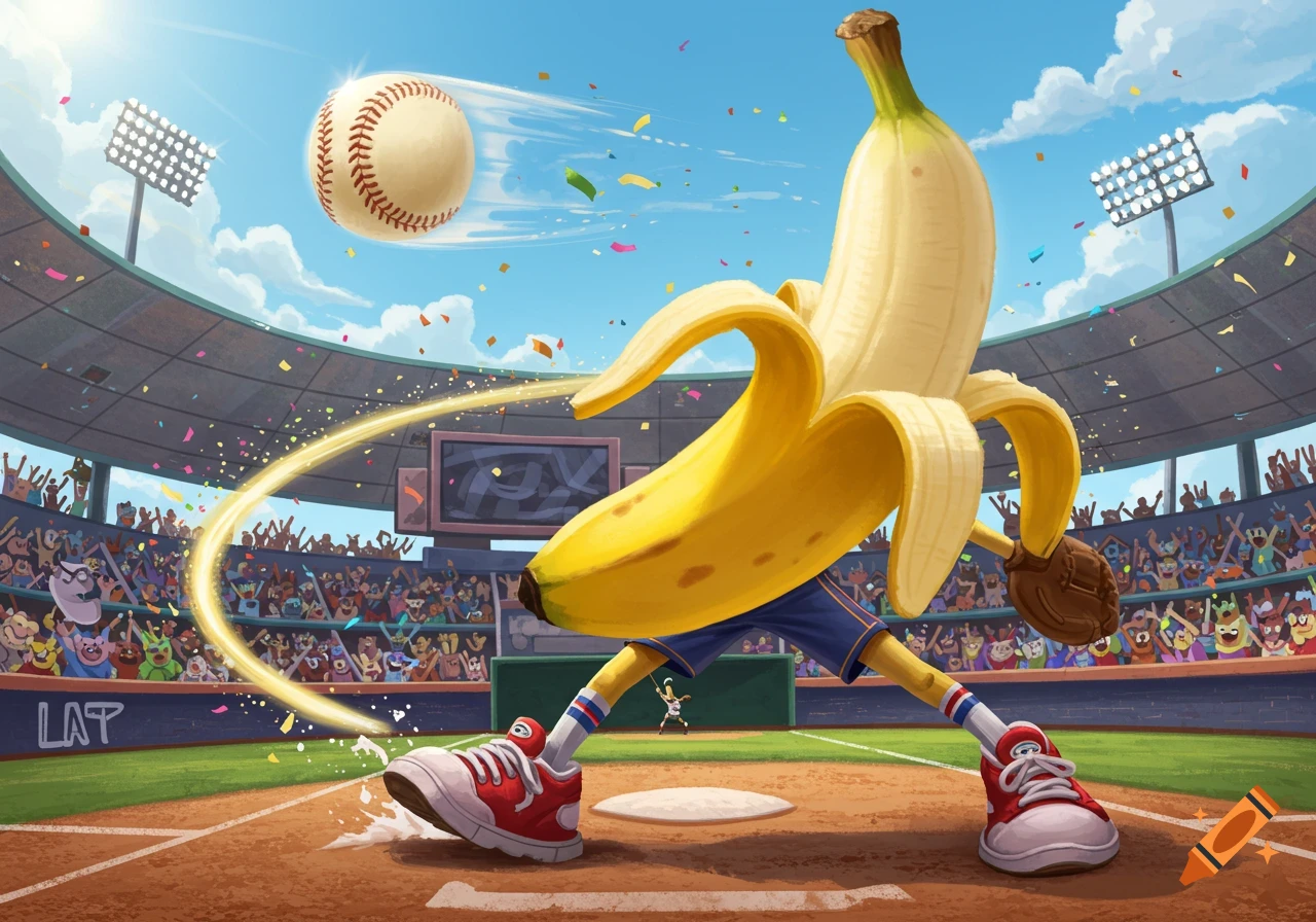 A giant, peeled cartoon banana plays baseball in a stadium, with a ...
