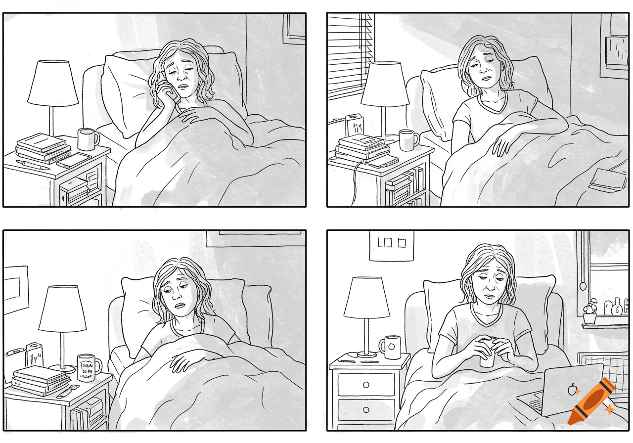 A black and white cartoon drawing of a bedroom split into two scenes ...