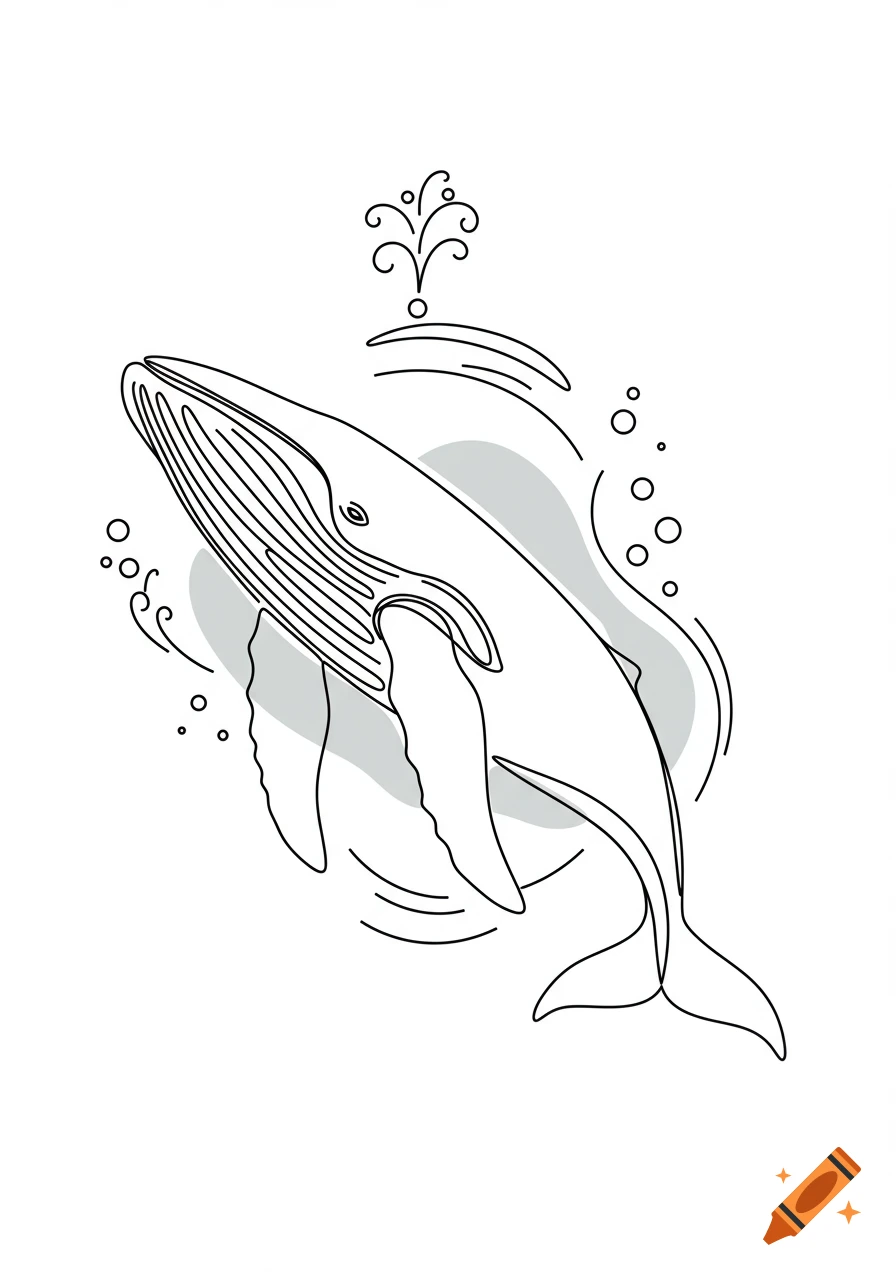 Line art drawing of a humpback whale spouting water, with bubbles and ...
