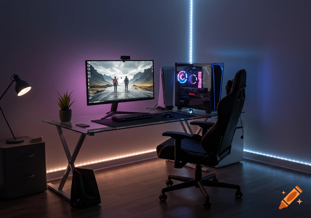 A modern gaming room with a PC setup, dual monitors, a PS5 console, a ...