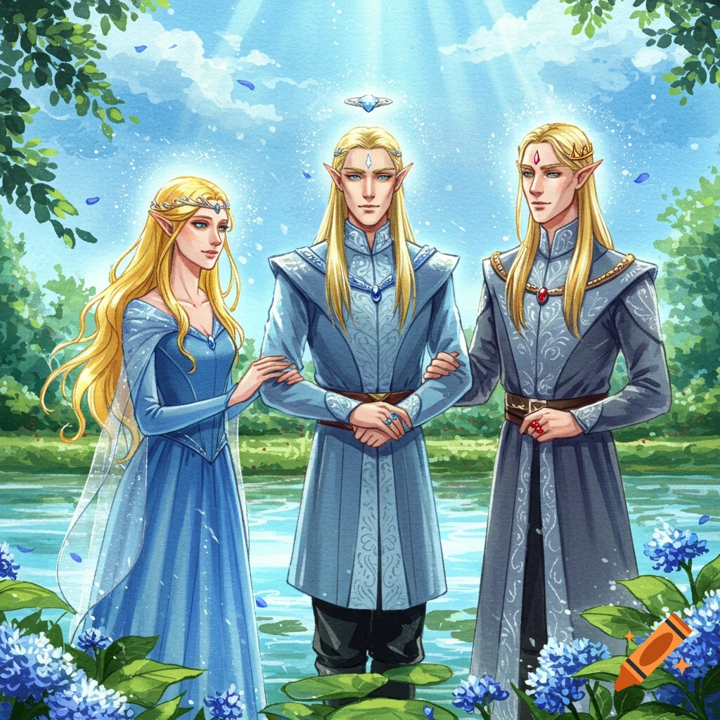 A female elf and two male elves with long blonde hair and elven attire ...