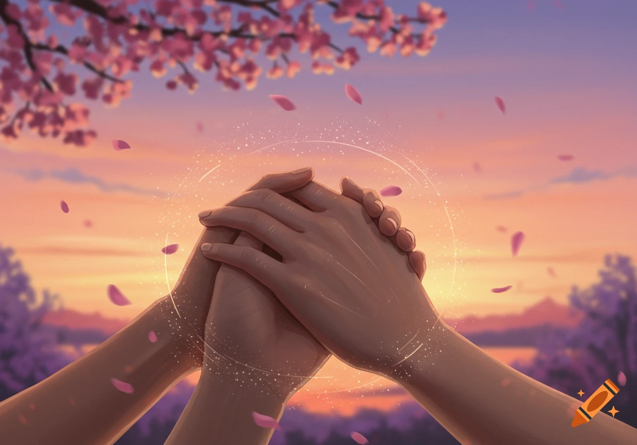 Two hands form a heart shape against a sunny blue sky framed by pink ...