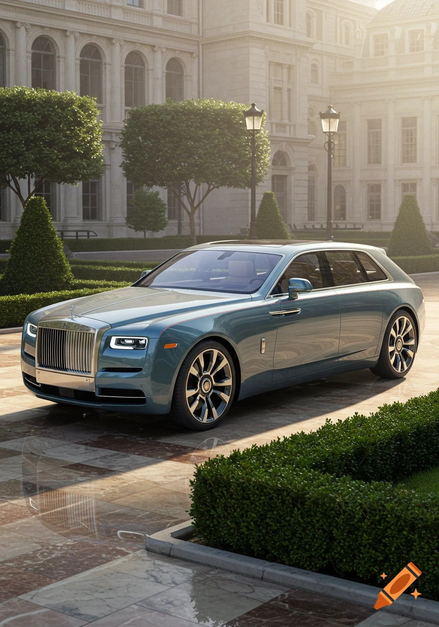 A sleek, light blue-green Rolls Royce hatchback parked on a patterned ...
