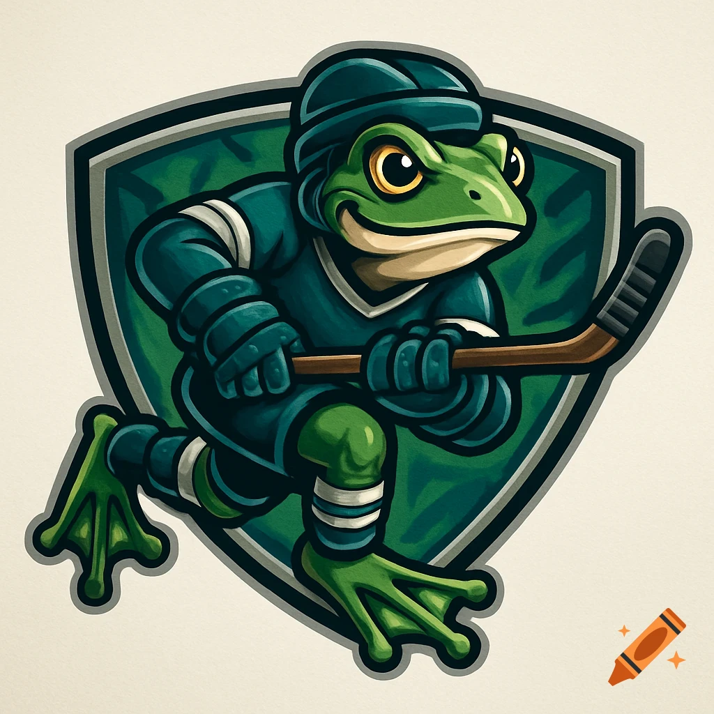 A cartoon beaver mascot holding a hockey stick, set against a blue ...