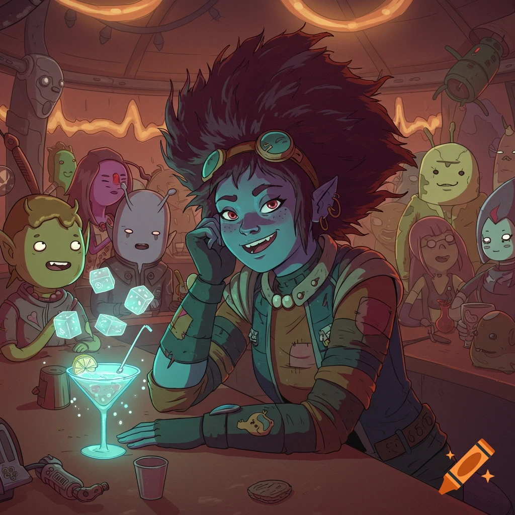 A blue-skinned alien character with goggles lounges on a sofa in a neon ...