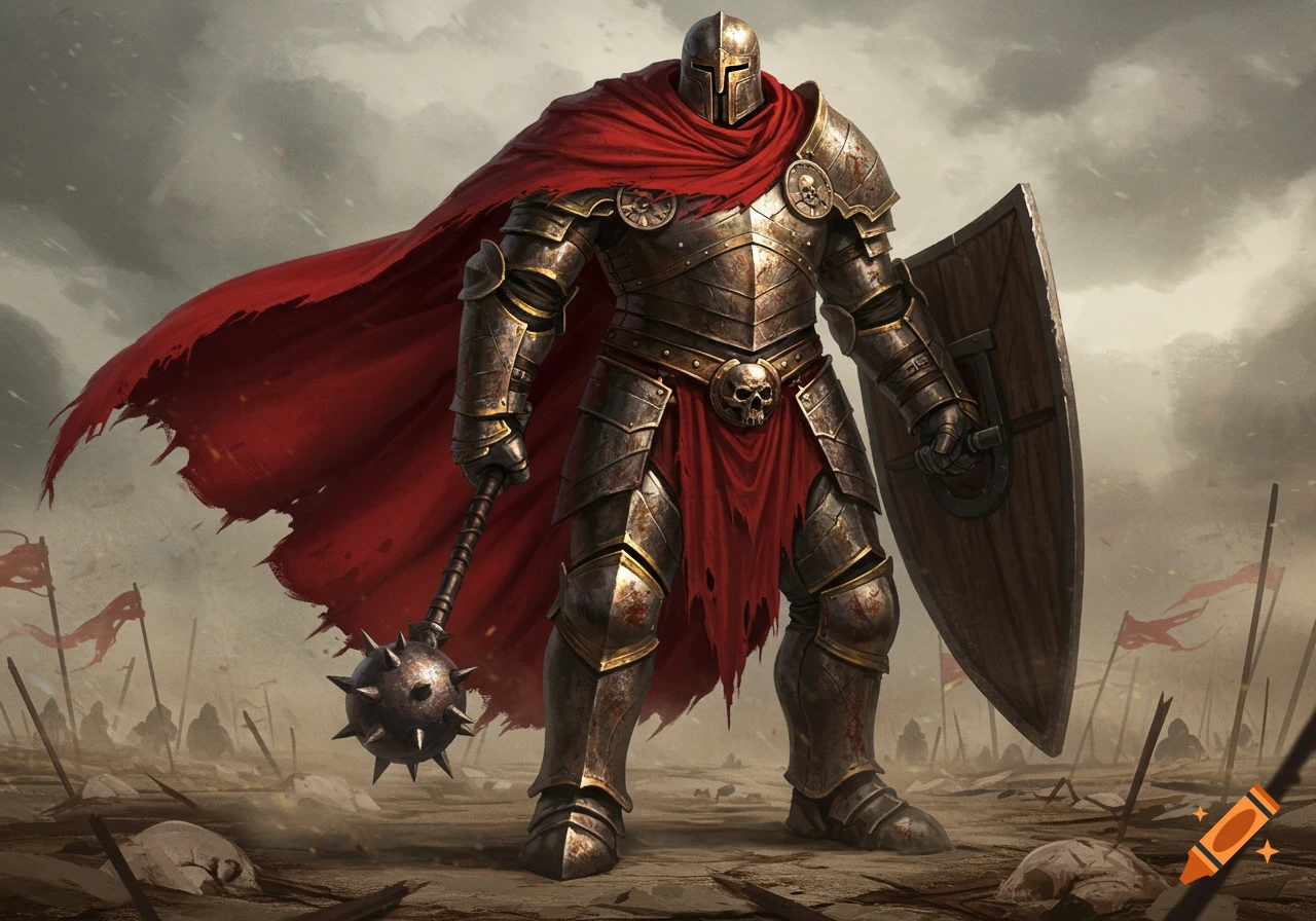 A mighty goliath knight in tarnished armor and a crimson cloak wields a ...
