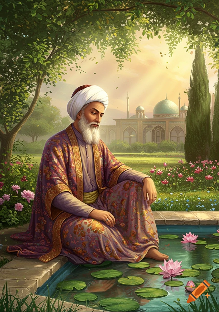 Hyper-realistic portrait of Rumi in traditional Sufi attire on Craiyon