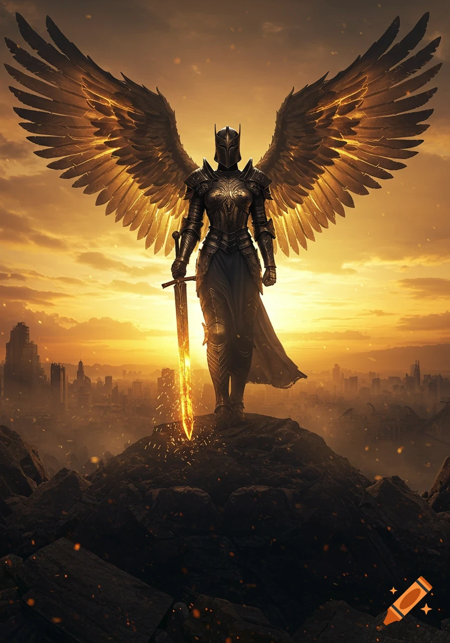 A majestic fantasy crest with an ornate sword, green gems, golden wings ...